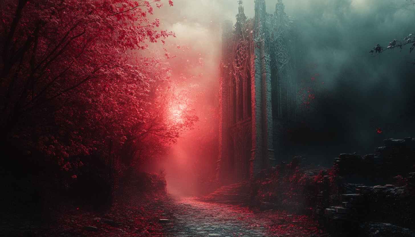 Eerie Forest Path with Gothic Architecture 4K Desktop Wallpaper - Art ...