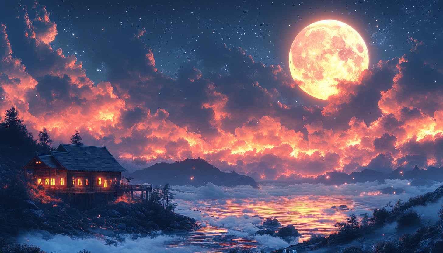 Full Moon Night Sky Cabin Lake 4K Desktop Wallpaper - Art gallery1930